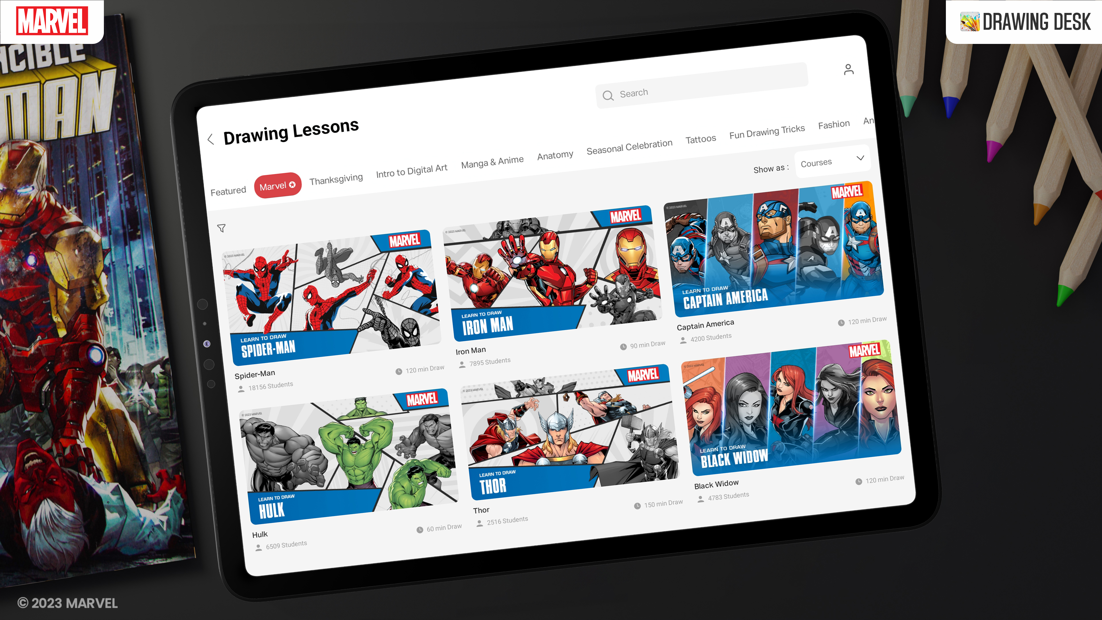 Learn How to Draw Marvel Super Heroes on Drawing Desk!